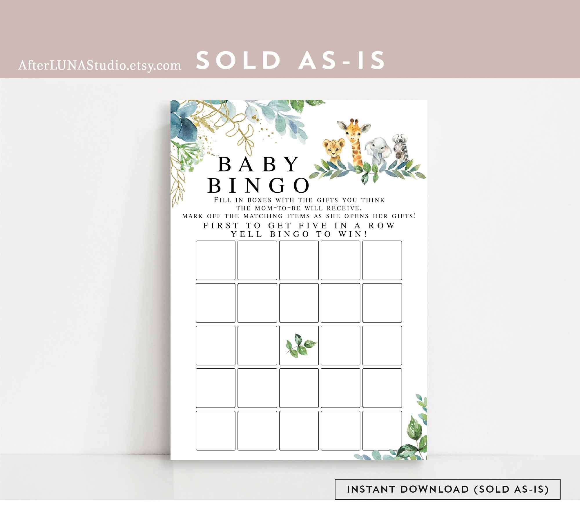 Greenery Gold Safari African Jungle Animal Baby Shower Bingo Game ...