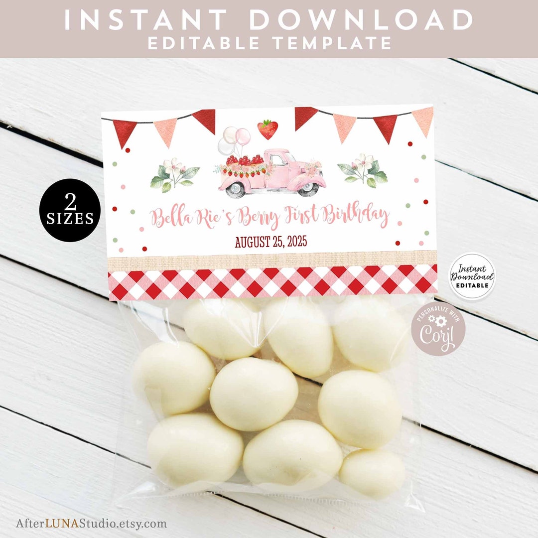 Editable Strawberry Treat Bag Topper Goodie Bag Topper Candy Bag Topper ...