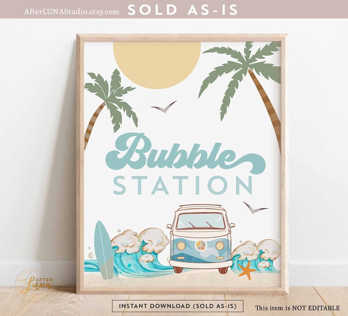 Surf's up Birthday Bubble Station Sign: Beach Surfing the Big One Decor ...
