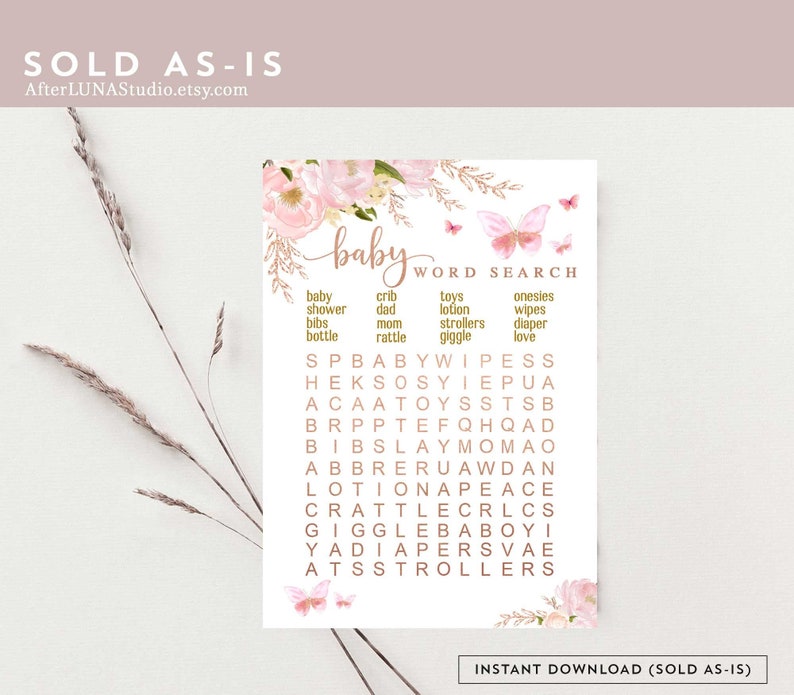 Pink Rose Gold Butterfly Word Search Game Printable Virtual | Etsy