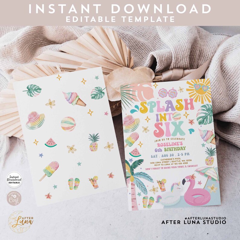 Editable Girl Tropical Splash Into SIX 6th Birthday Beach Party ...