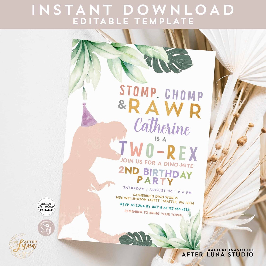 Editable TWO Rex Invite Dino Dinosaur T Rex Pink Lavender - Etsy