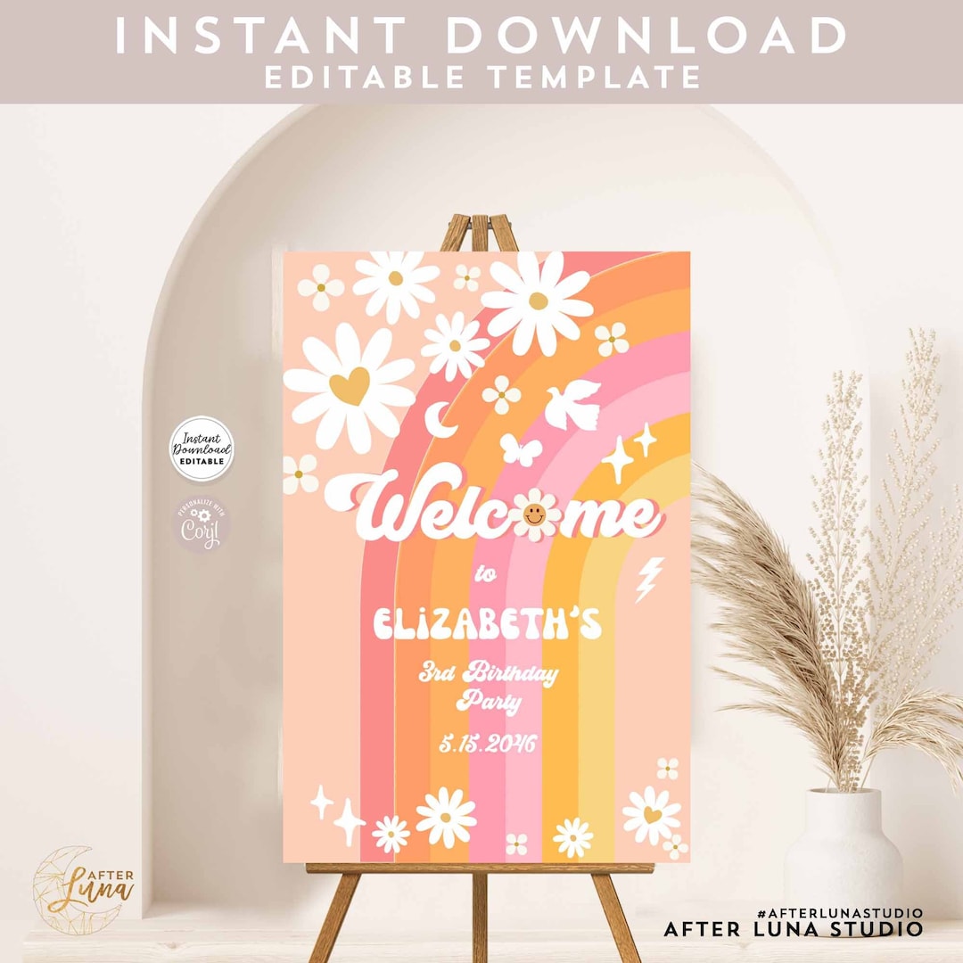 Editable Groovy Girl Pink Peach Party Decor Welcome Sign Daisy Groovy ...