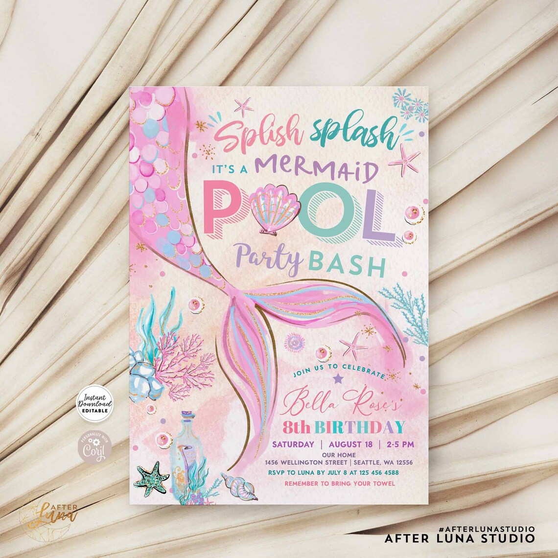 Editable Splish Splash Mermaid Pool Party Invitation Girl Birthday ...