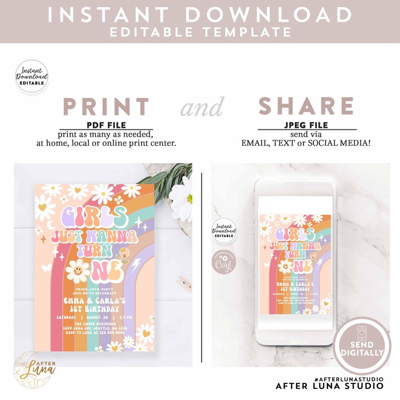 Editable Girls Just Wanna Turn One Invite Twin Daisy Rainbow Groovy 1st ...