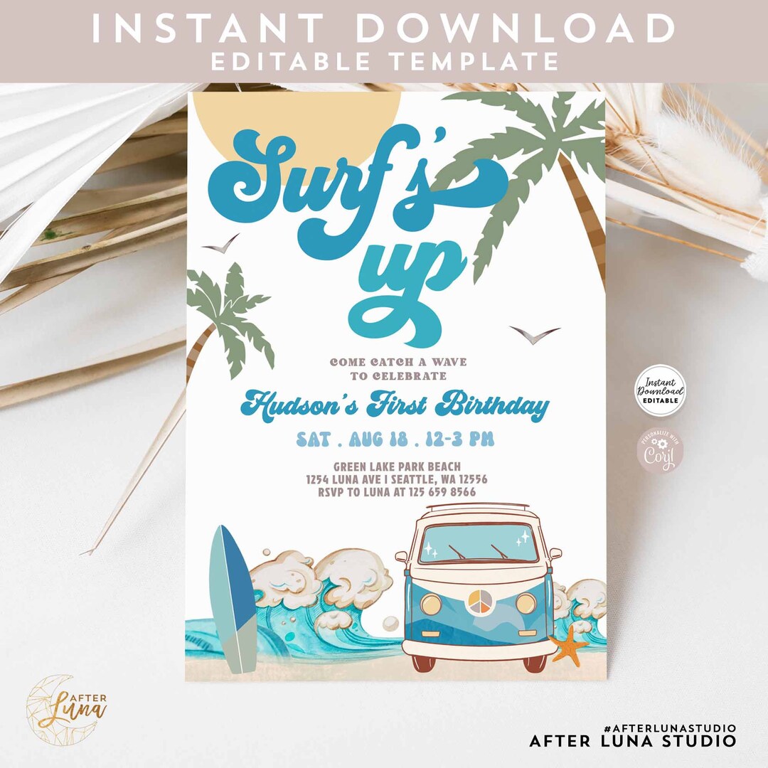 Editable Boy ANY AGE Surf's up Surfing Birthday Party Retro Boy Surf ...