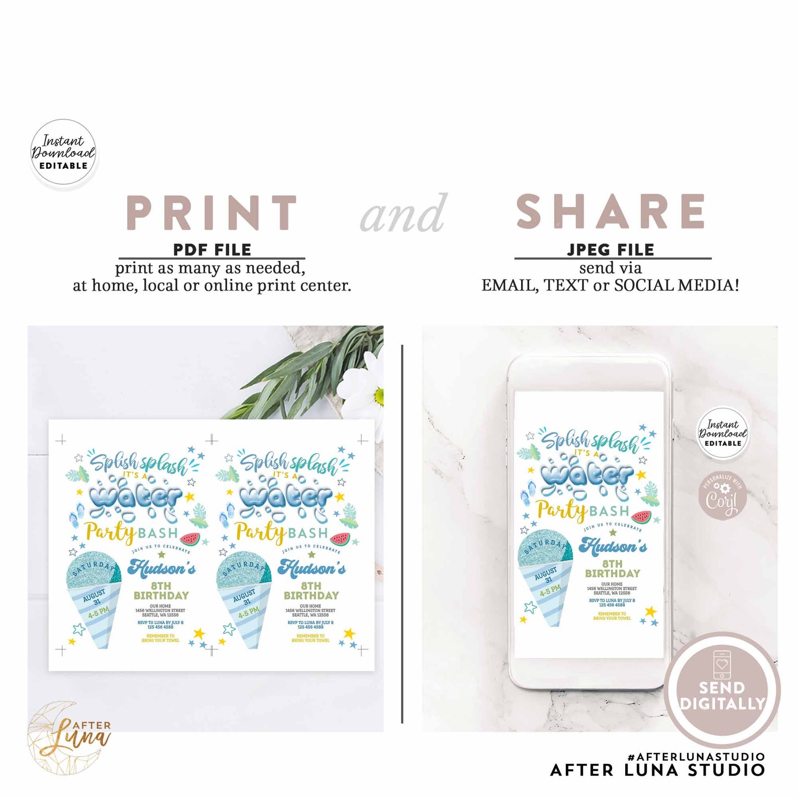 Editable ANY AGE Boy Snow Cone Water Party Invitation Ice Cream ...