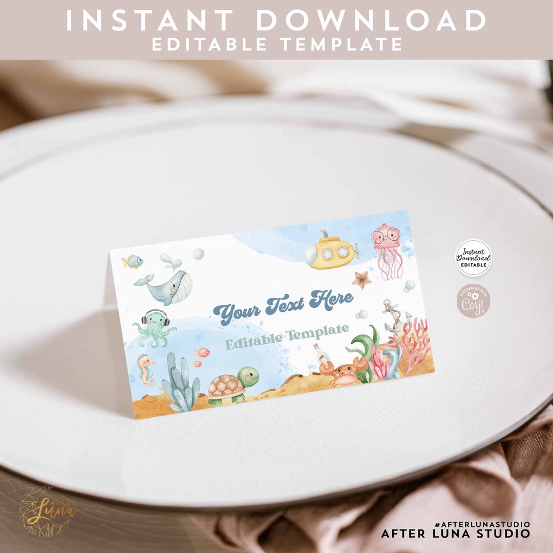 Editable Under the Sea Cute Whale Sea Turtle Beach Folded Place Card ...