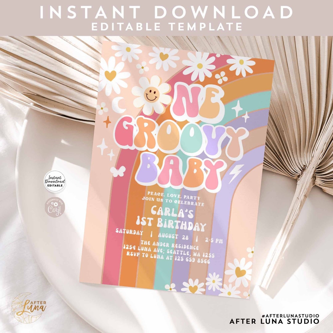 Editable One Groovy Baby Invite Daisy Rainbow Groovy 1st Birthday ...