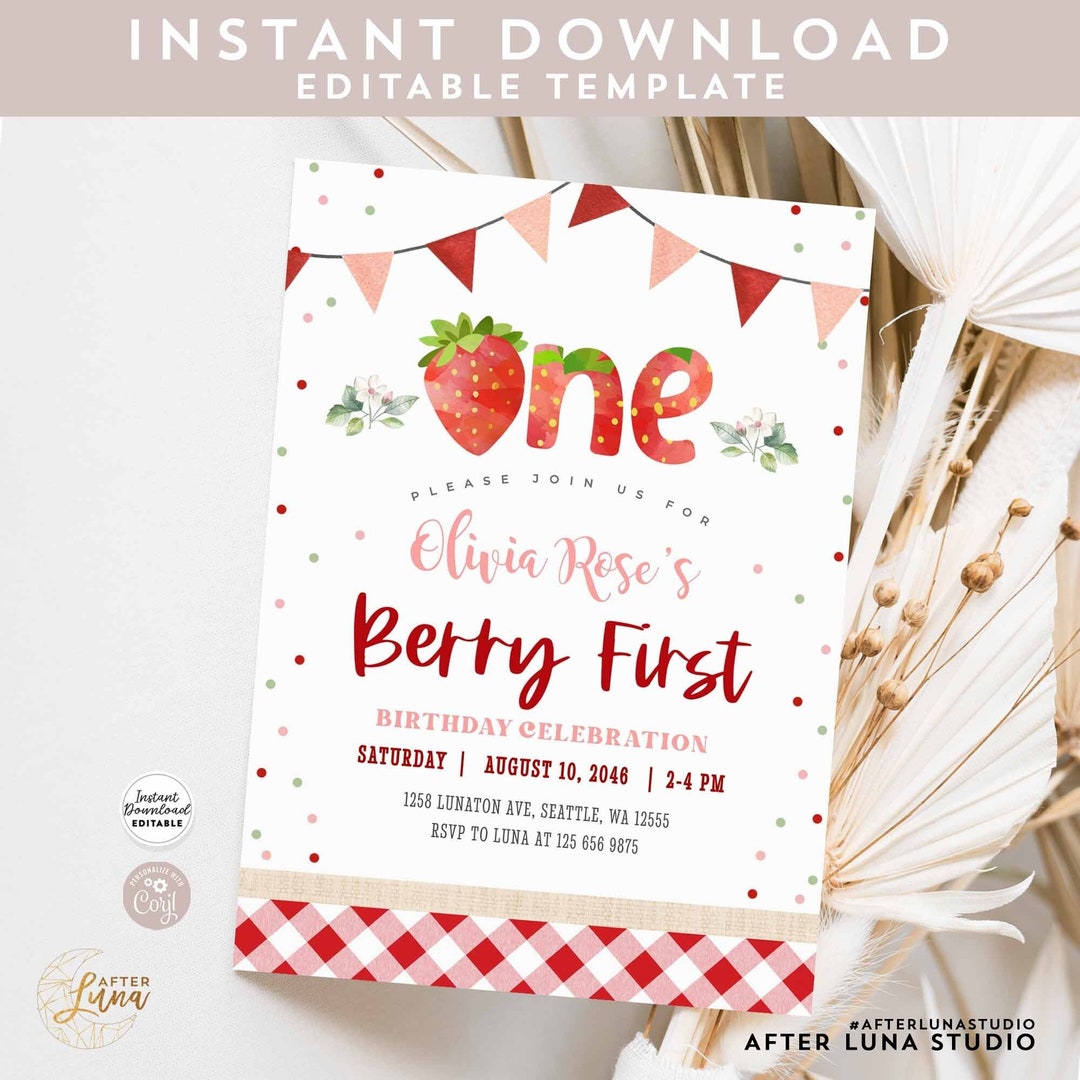 Editable Berry First Strawberry Birthday Invitation Berry Strawberry ...