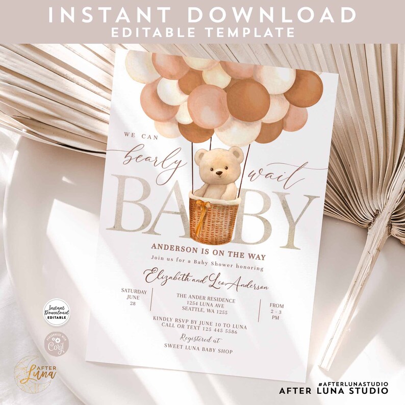 Editable Gender Neutral Teddy Bear Hot Air Balloon Baby Shower - Etsy