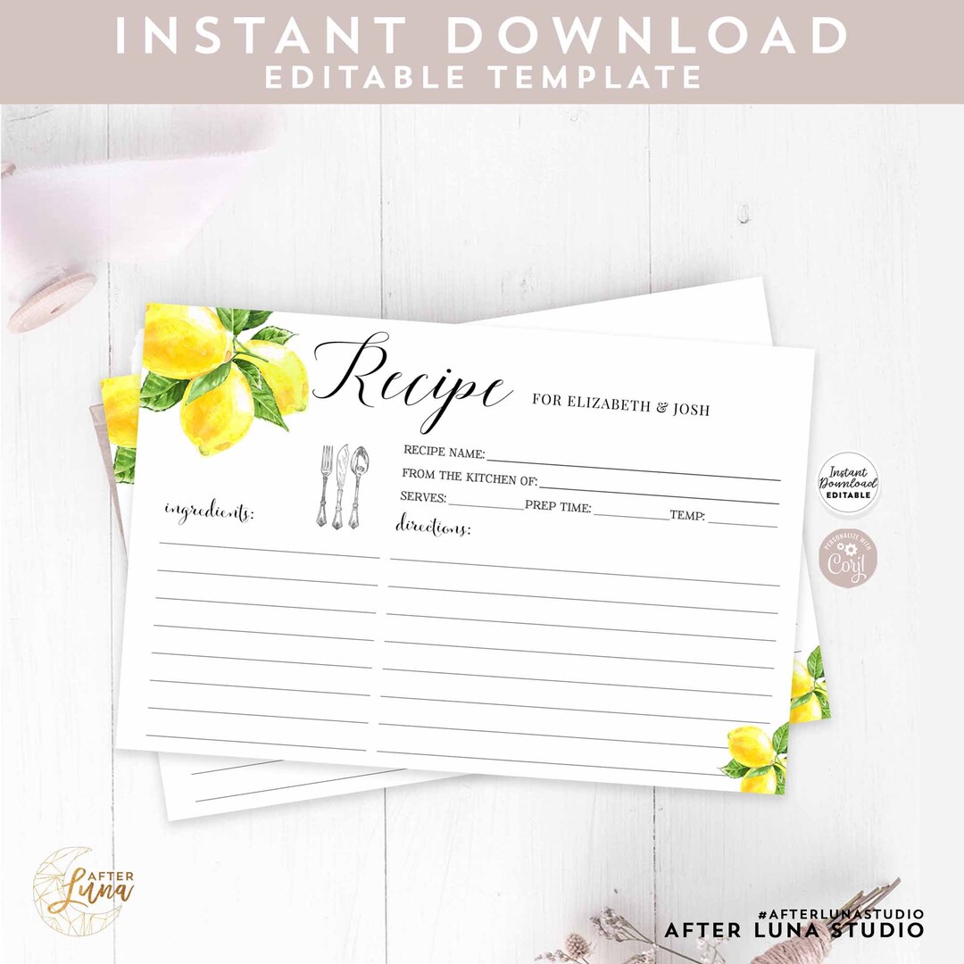 Editable Personalized Citrus Lemon Recipe Card Greenery Lemon Baby ...