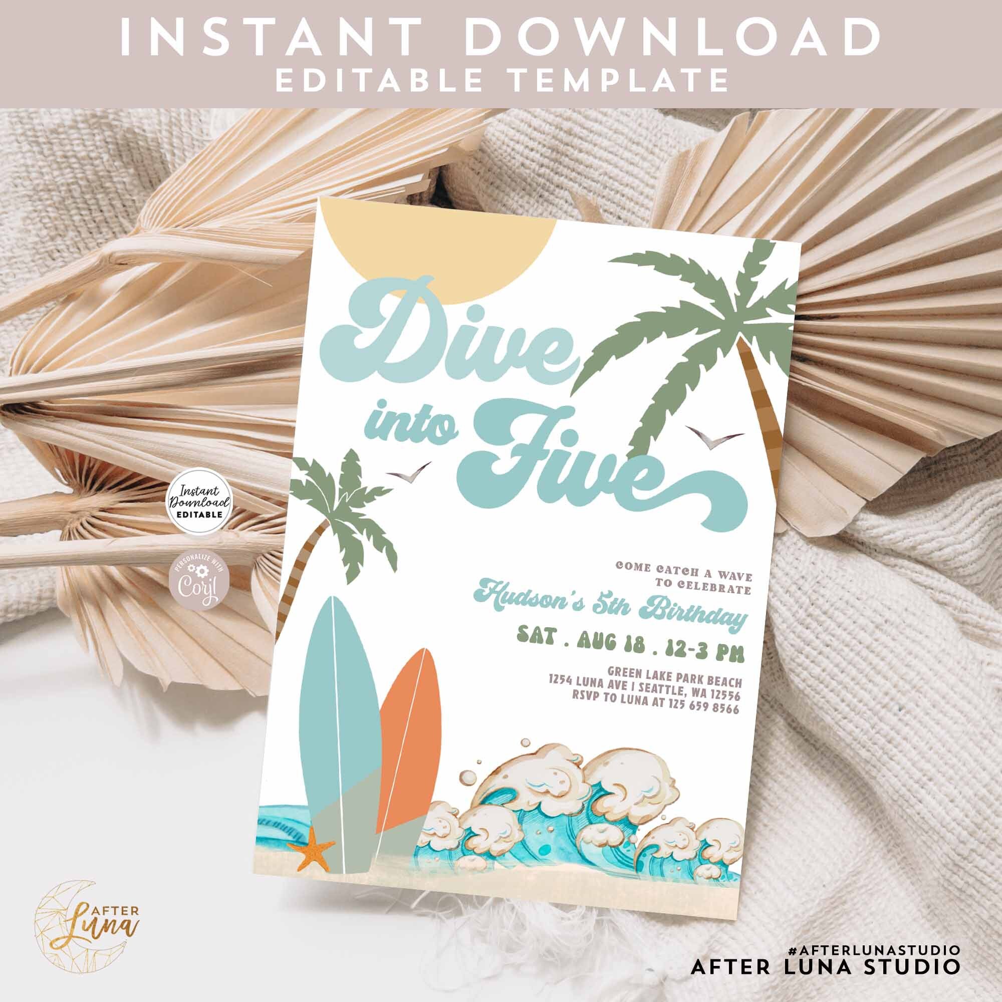 Editable Boy Dive Into Five Surfing 5th Birthday Party Invitation Retro ...