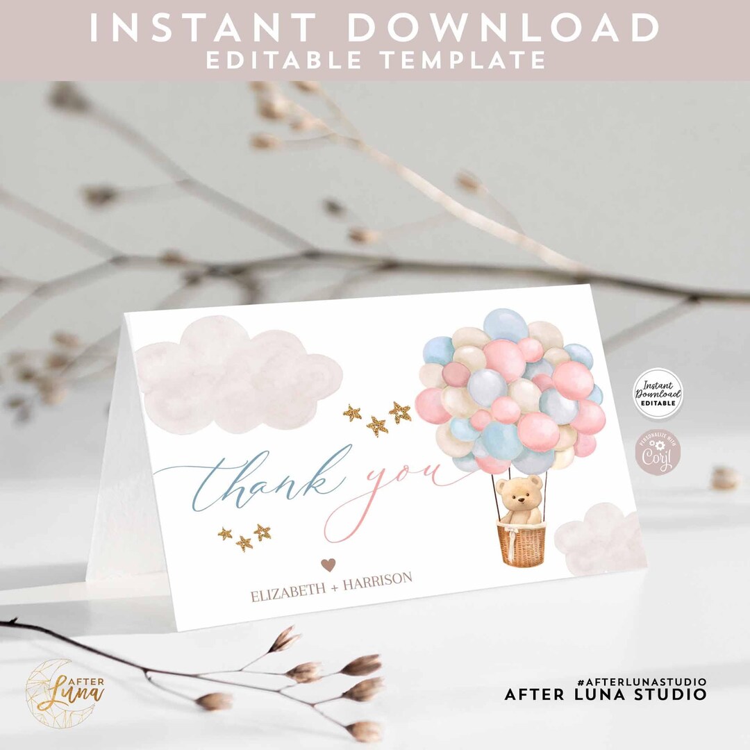 Editable Pink Blue Teddy Bear Hot Air Balloon Bear Folded Thank You ...