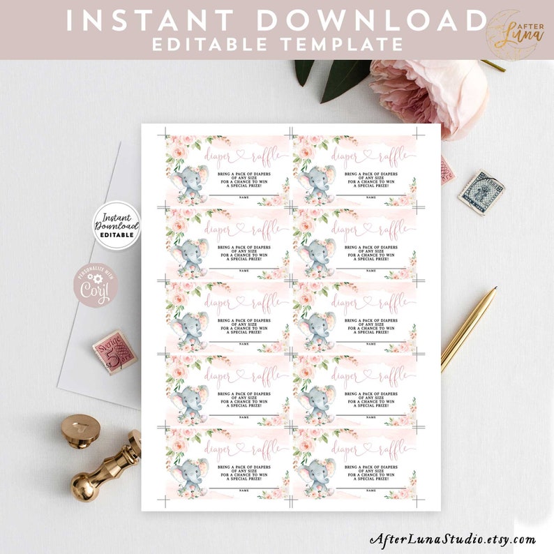Editable Pink Floral Elephant Girl Baby Shower Sprinkle Diaper Raffle ...