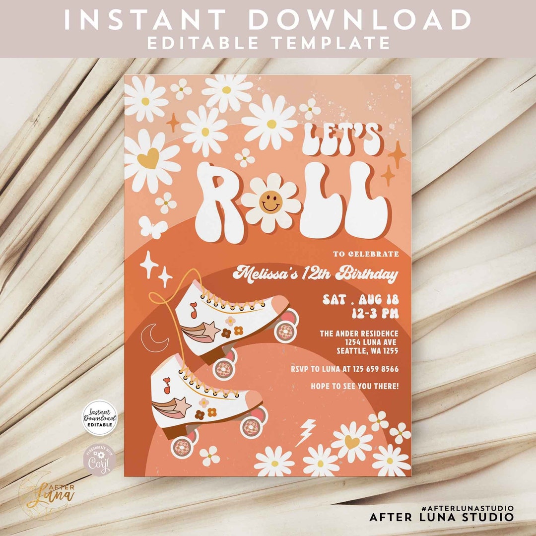 Editable ANY AGE Let's Roll Retro Groovy Roller Skate Birthday Party ...