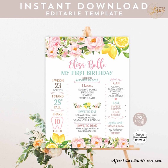 Editable Pink Floral Lemon Lemonade Birthday Milestone Poster | Etsy