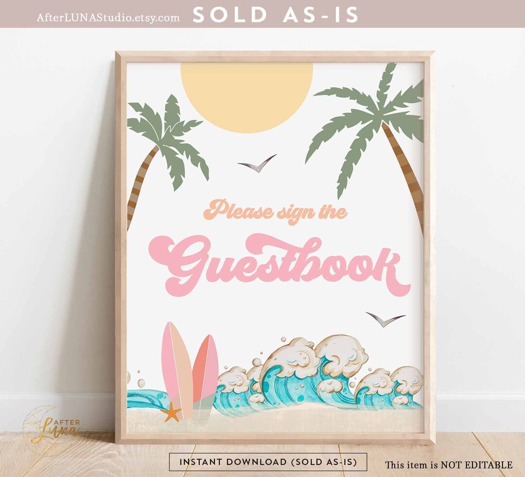 Girl Pink Peach Surfing Surf Birthday Guestbook Sign the Big One Surf's ...