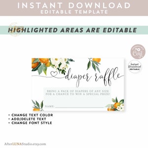 Editable Little Cutie Orange Citrus Baby Shower Diaper Raffle Ticket ...