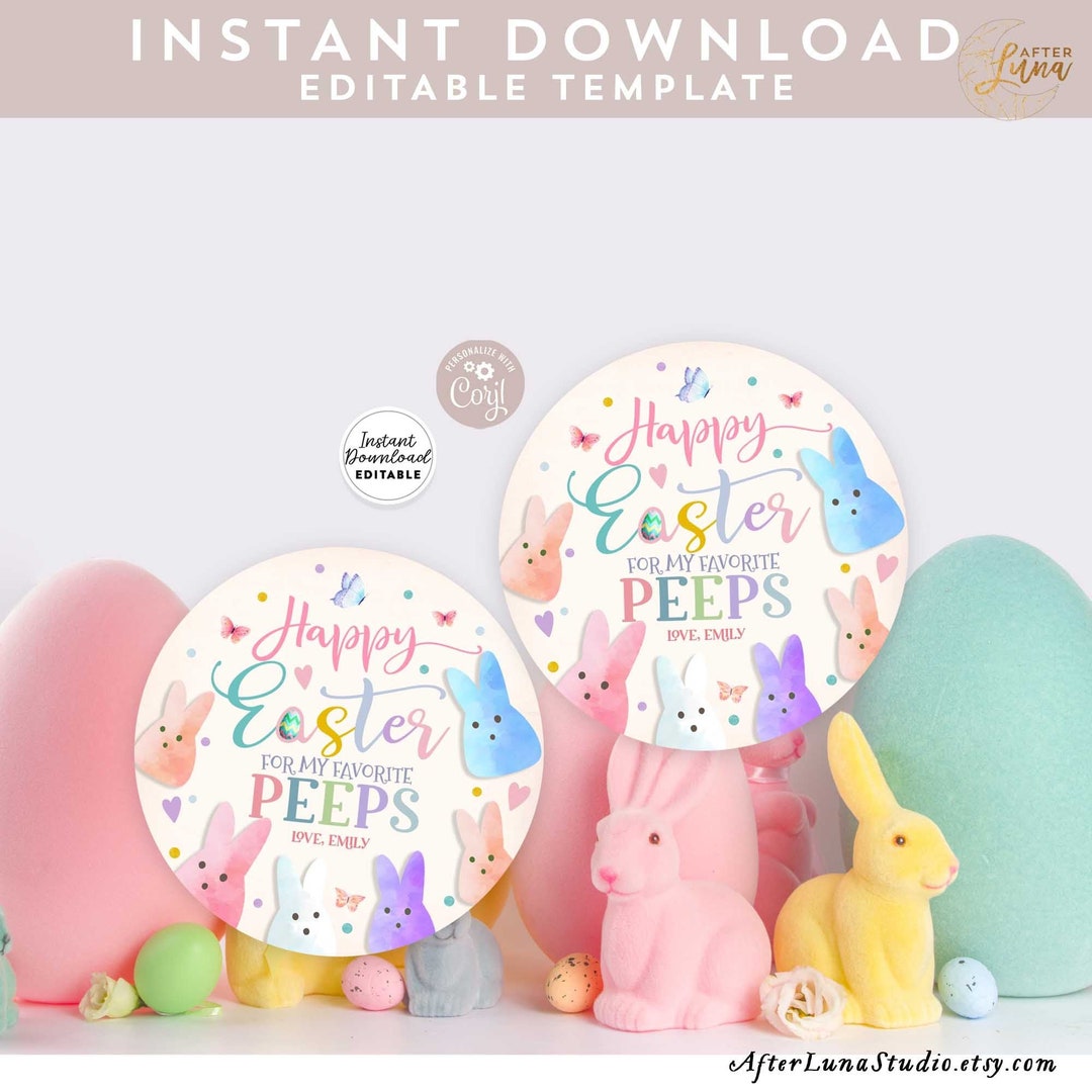 EDITABLE Personalized Easter Peep Round Circle Sticker Tags Printable ...