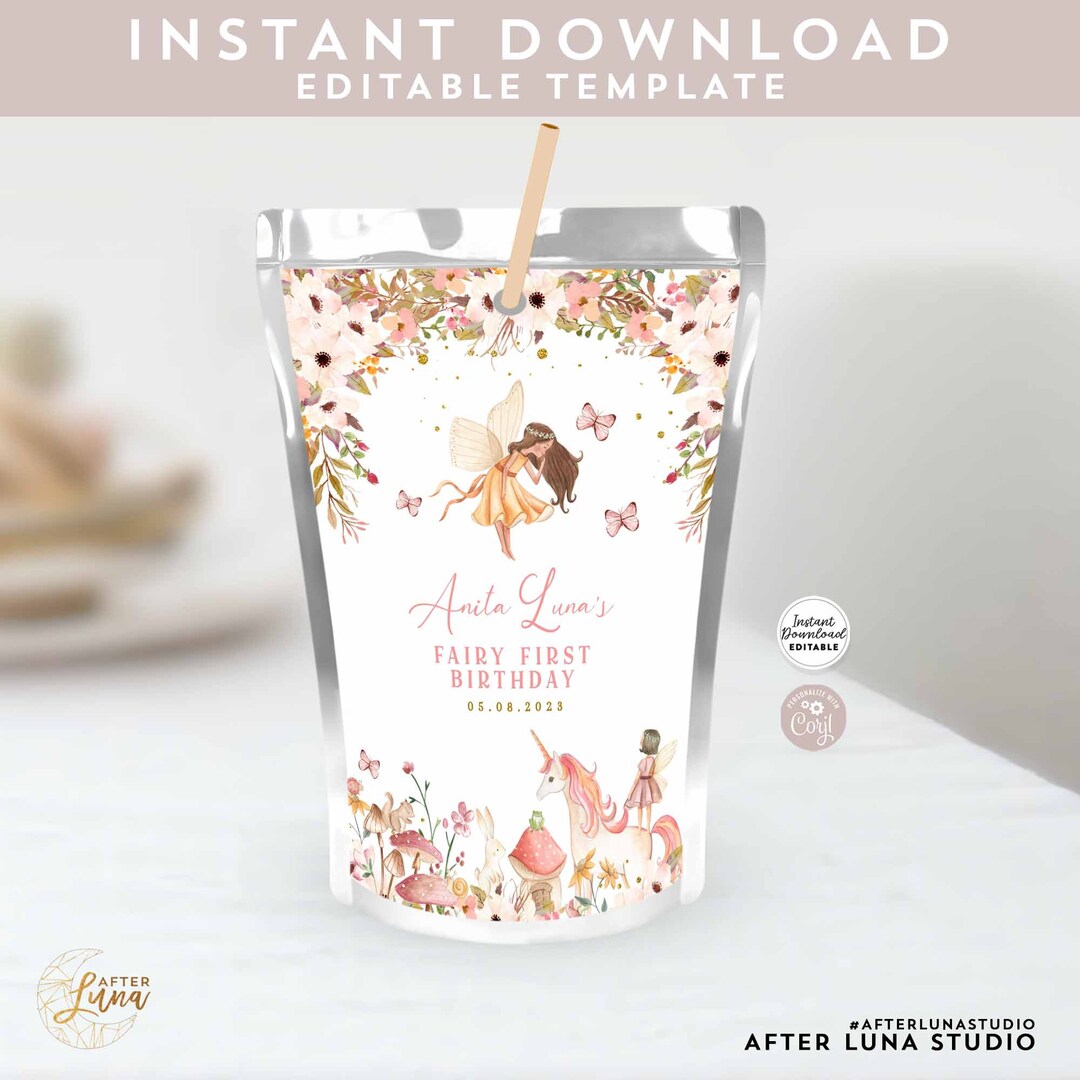 Editable Enchanted Magical Unicorn Garden Fairy Birthday Caprisun Capri ...