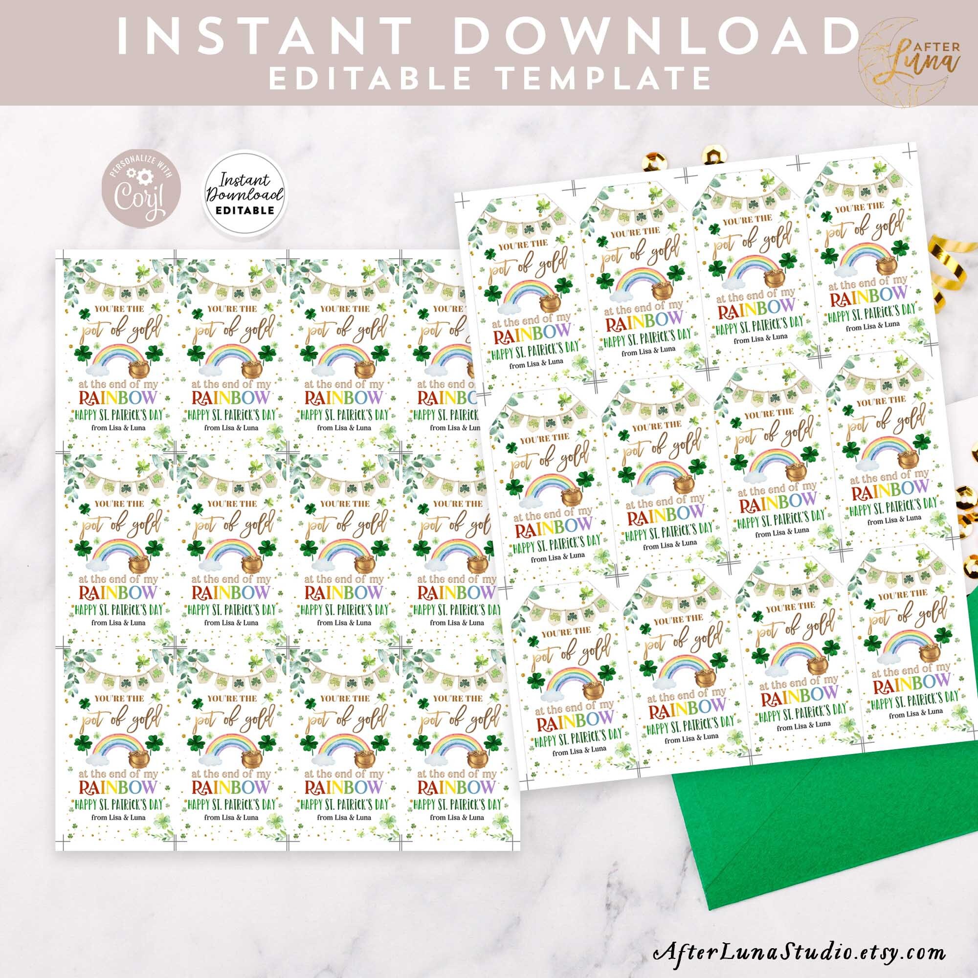 Editable St. Patrick's Day Pot of Gold Rainbow Gift Tag - Etsy