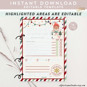 EDITABLE Girl Elf Report Card Printable Green Red Stripes Elf Activity ...