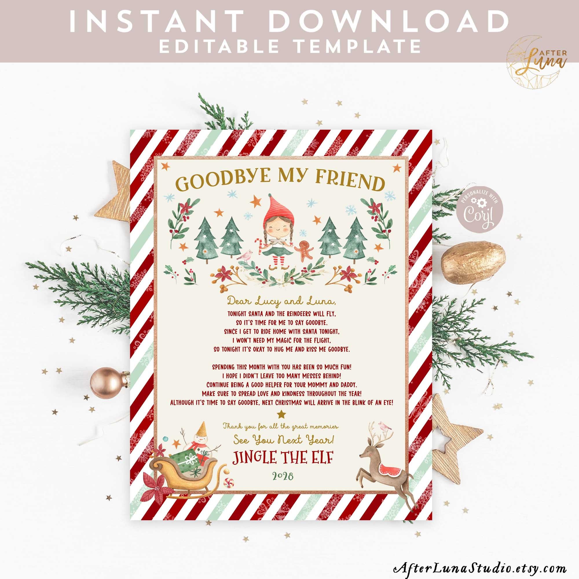 EDITABLE Girl Elf Goodbye Letter From Elf Bye for Now Red Mint Letter ...