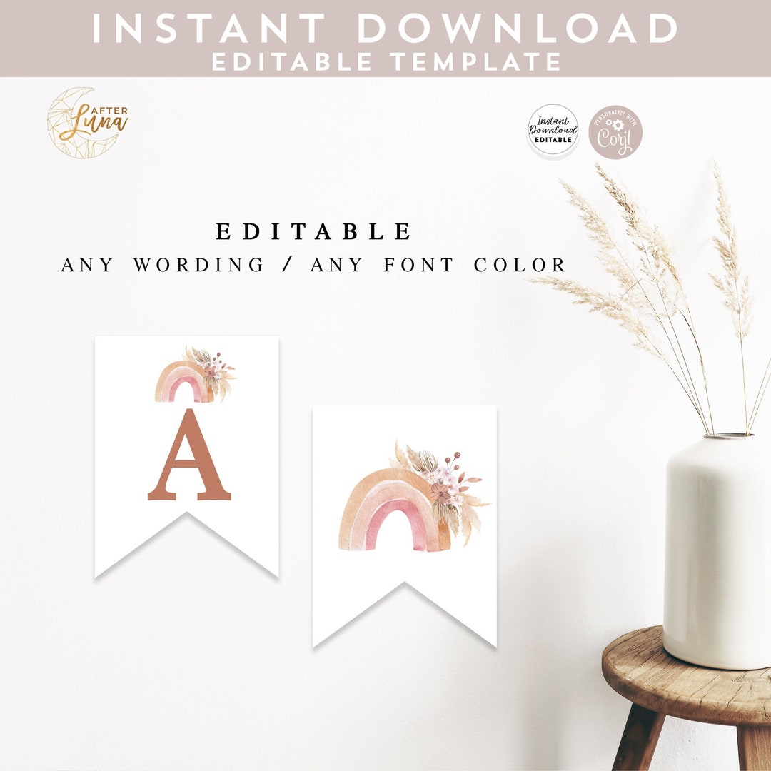 Editable Boho Rainbow Pennant Banner Pink Pampas Grass One Birthday ...