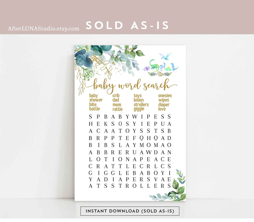 Greenery Gold Dino Dinosaur Baby Shower Baby Word Search Game Virtual ...