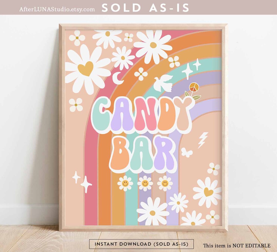 Groovy Candy Bar Sign Printable: Rainbow Hippie 70s Daisy Birthday ...