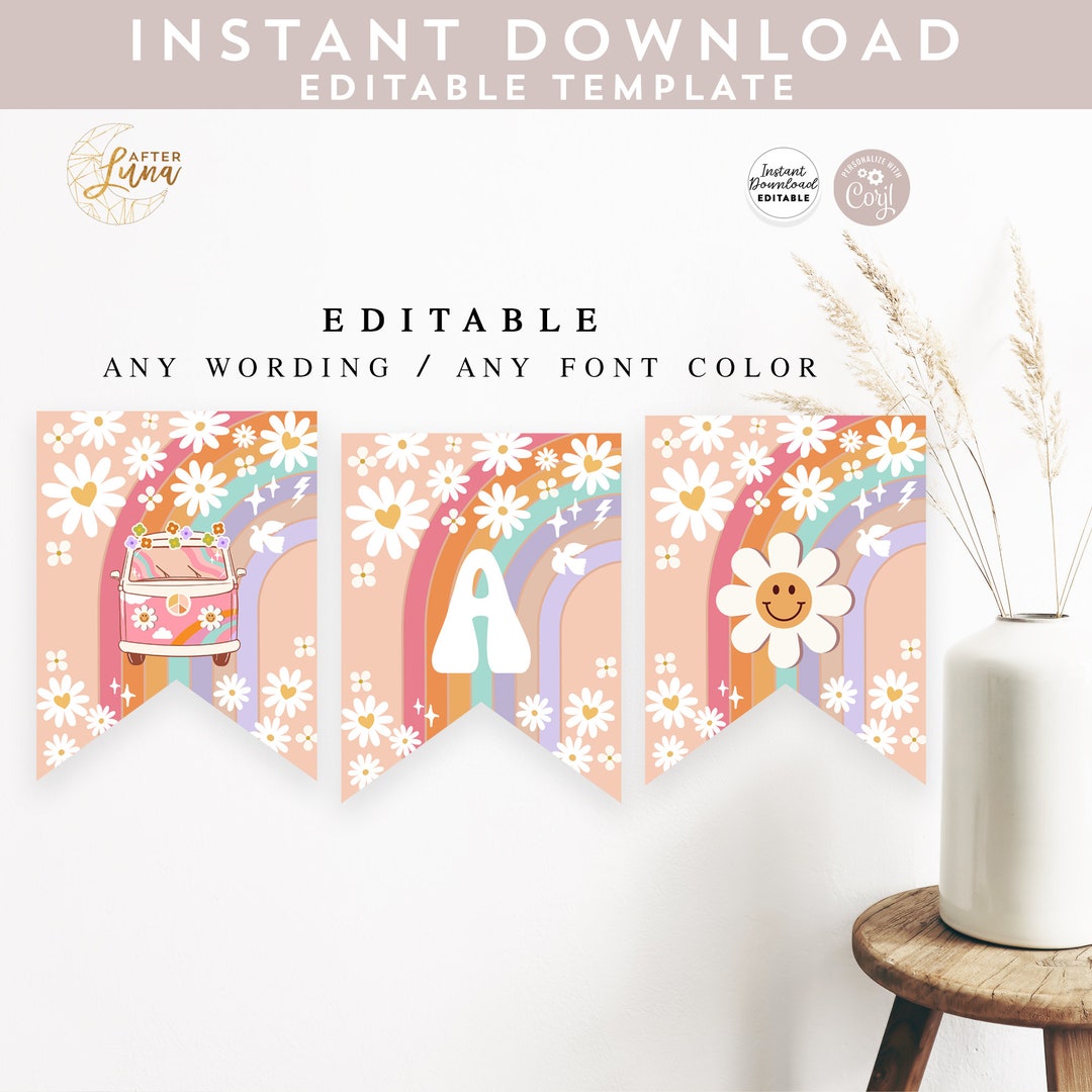 Editable Groovy Rainbow Pennant Banner Mint Green Two Groovy One ...