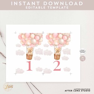 Editable Girl Teddy Bear Hot Air Balloon 4x6" Table Number Couple Baby ...