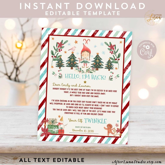 EDITABLE Girl Elf Return Letter Red Teal Stripes Elf I'm | Etsy