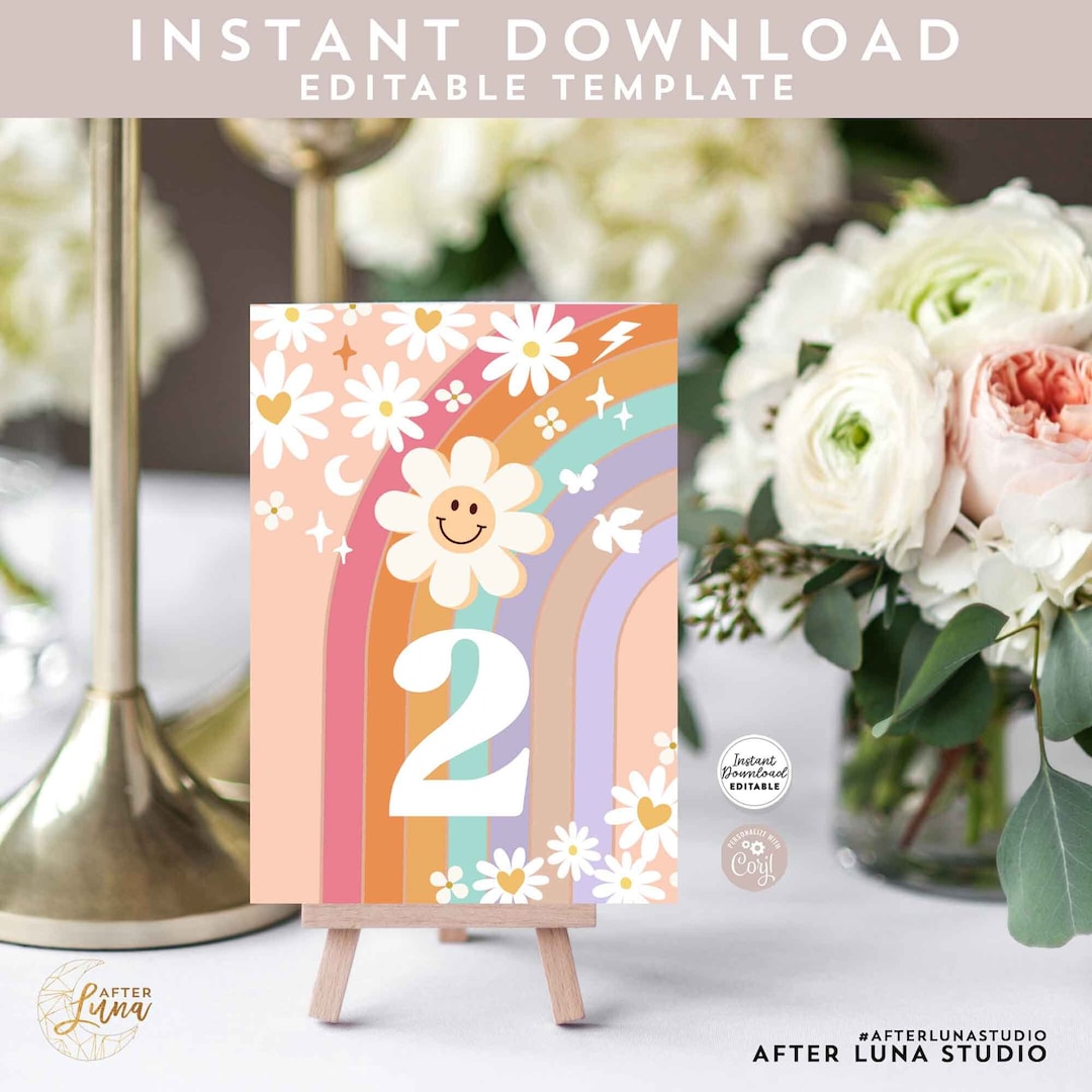 Editable Daisy Groovy Rainbow Hippie Table Number Sign Decor Baby ...