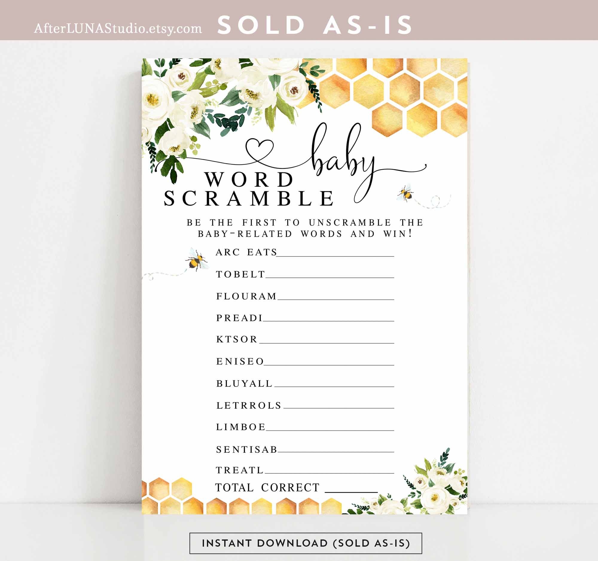 Honey Bumble Bee Baby Shower Baby Word Scramble Game Gender - Etsy