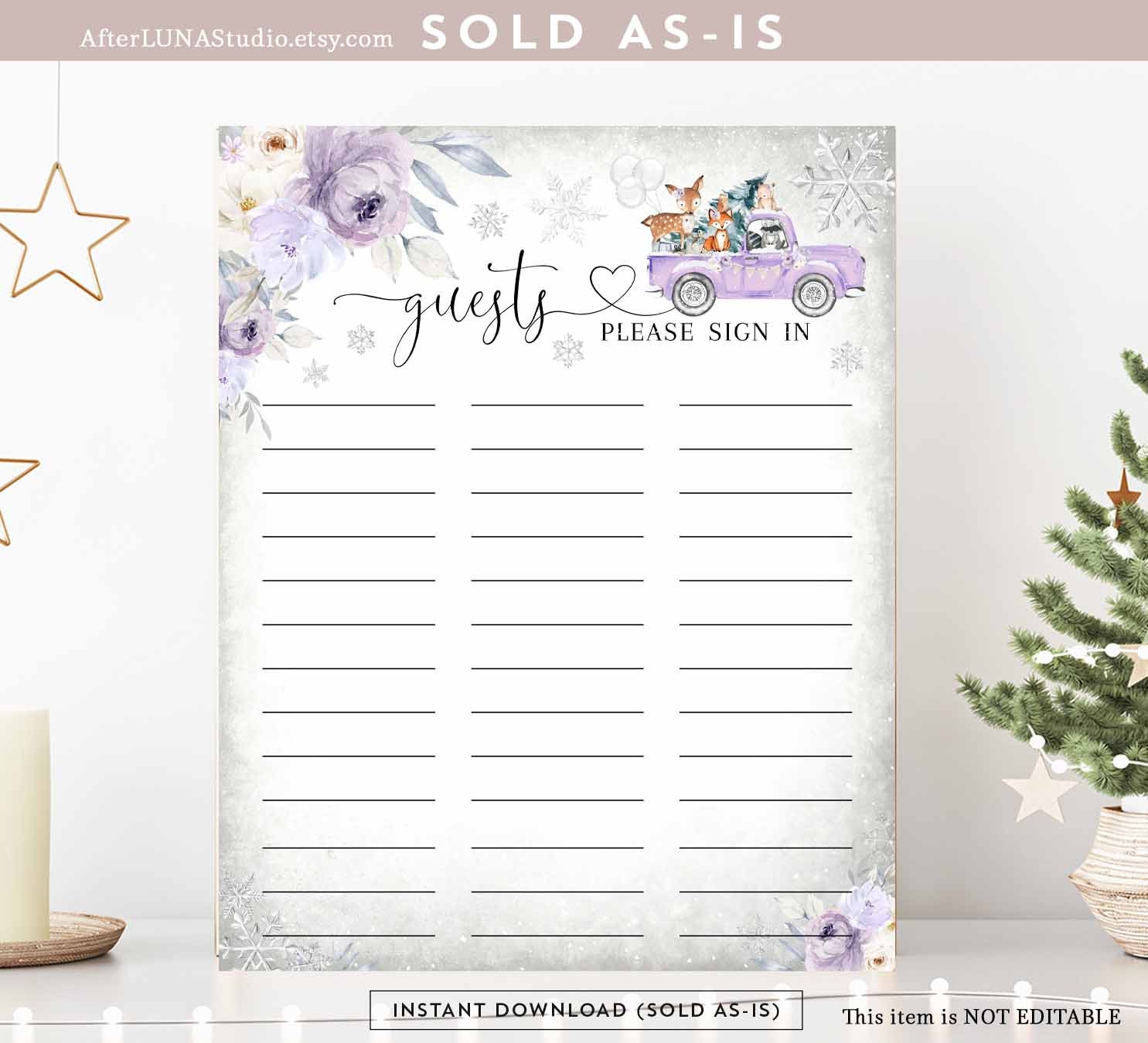 Digital Winter Woodland Purple Truck Snowflake Guest Sign in Sheet Sign ...