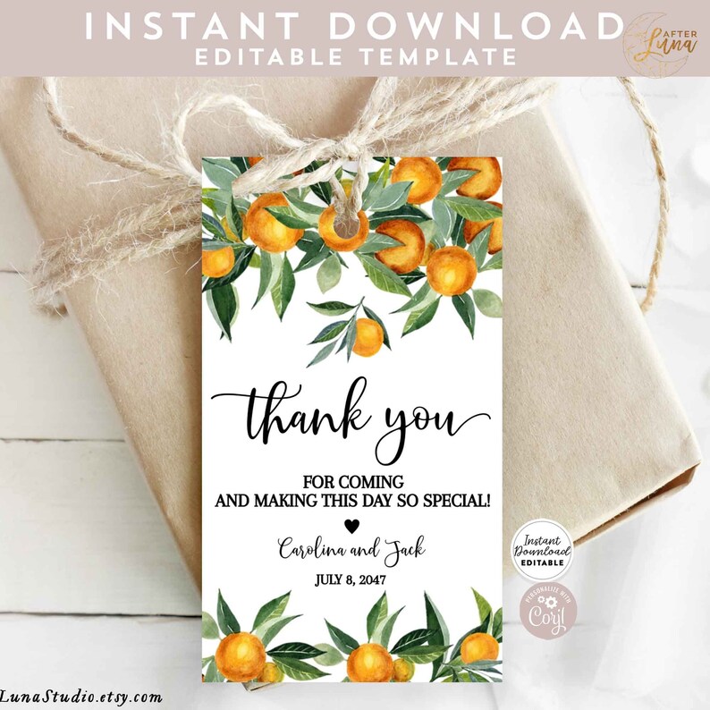 Editable Orange Thank You Favor Tag 3.5x2" A Little Cutie Baby Shower ...