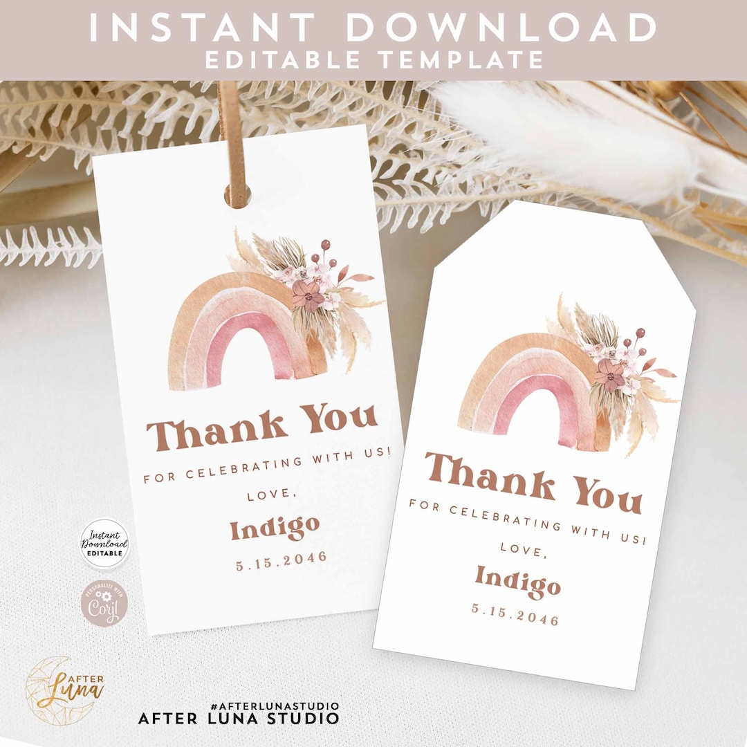 Editable Boho Rainbow Tag Tags Rainbow Pink Pampas Grass Rainbow Baby ...