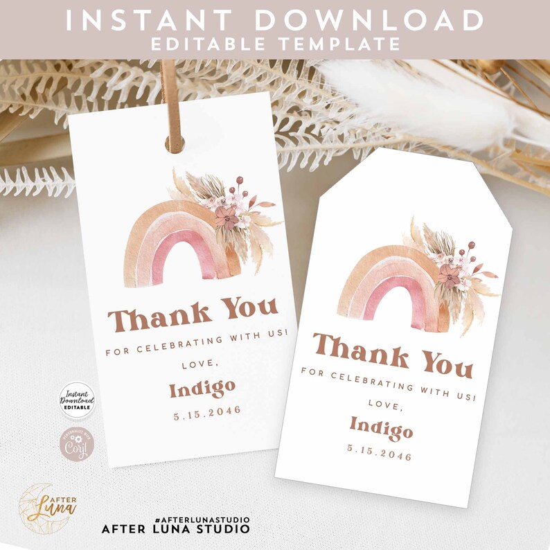 Editable Boho Rainbow Tag Tags Rainbow Pink Pampas Grass Rainbow Baby ...