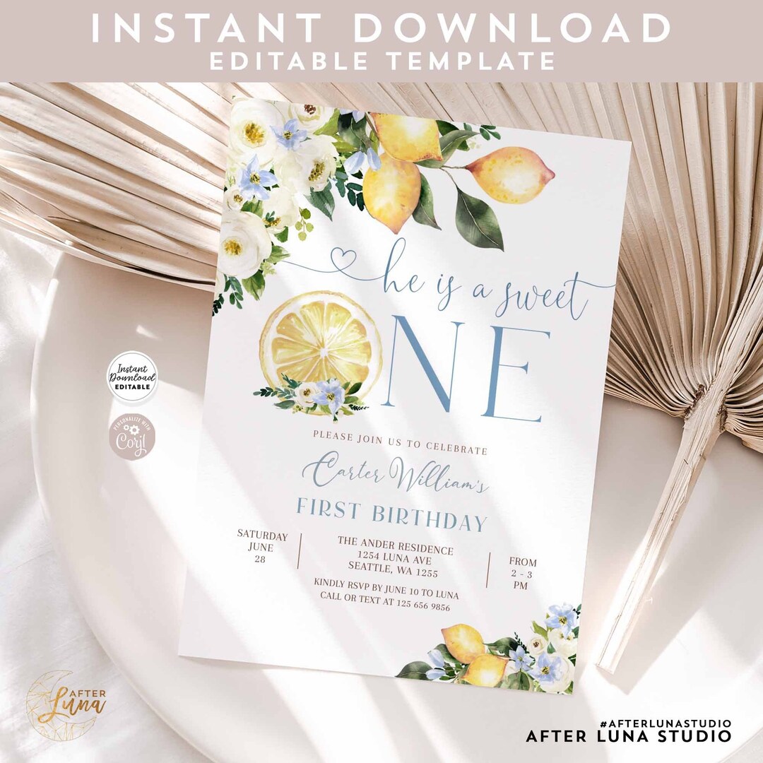 Editable Dusty Blue Lemonade First Birthday Invitation Boy Sunshine ...