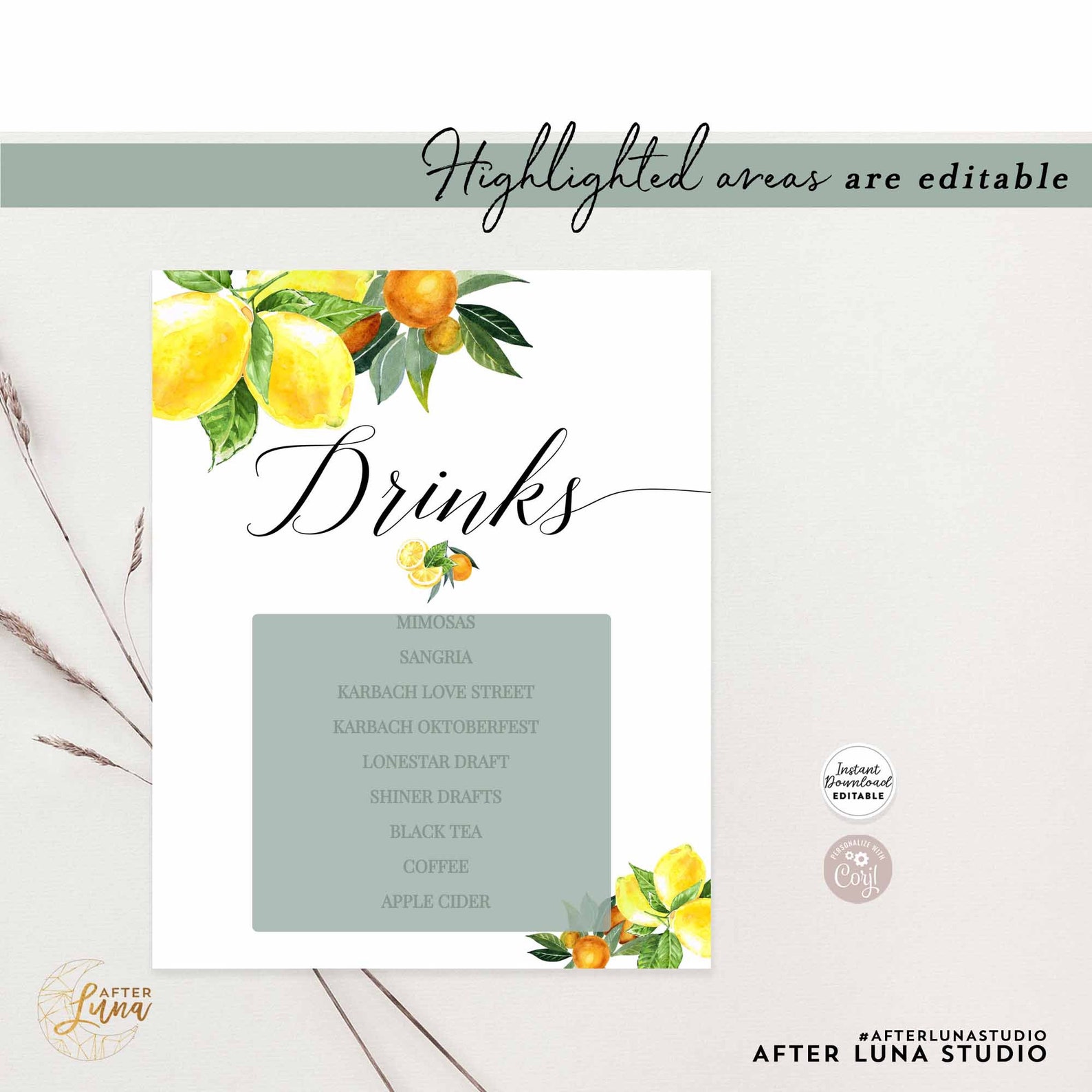 EDITABLE 8x10 Orange Lemon Citrus Drink Menu Sign Rustic - Etsy