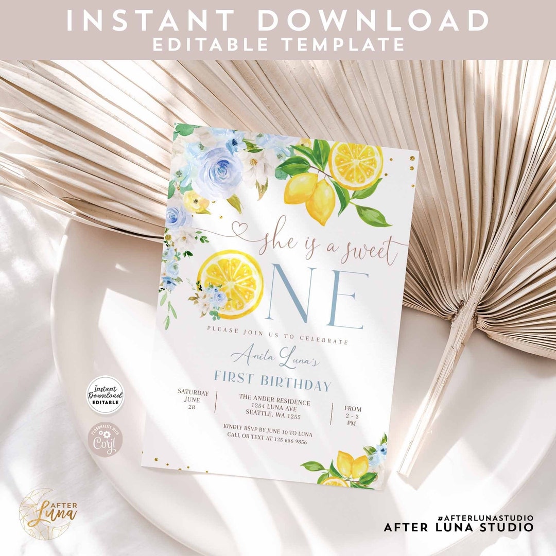 Editable Blue Lemonade First Birthday Invitation Sweet One Lemon ...
