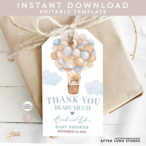 Editable Boy Blue Teddy Bear Hot Air Balloon Bear Baby Shower Thank You ...