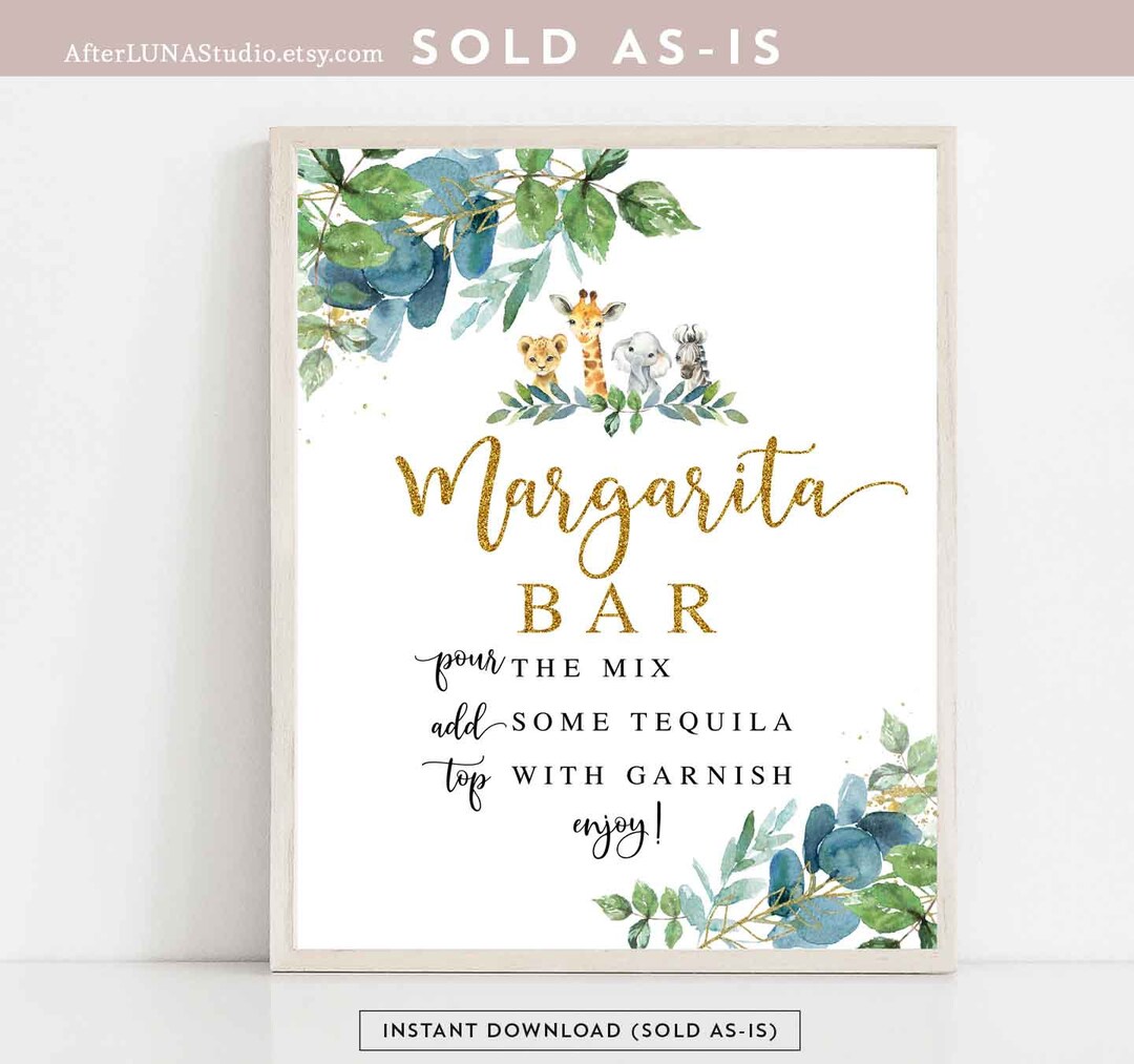 Greenery Gold Safari African Jungle Animal Margarita Bar Sign Baby ...