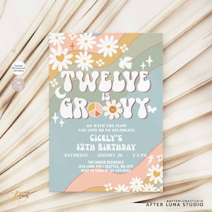 Editable Groovy 12th Birthday Invite Muted Green Blue 12th Birthday ...