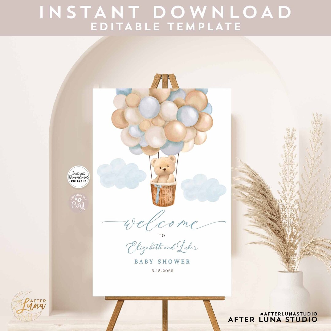 Editable Blue Hot Air Balloon Boho Blue Bear We Can Bearly Wait Baby ...