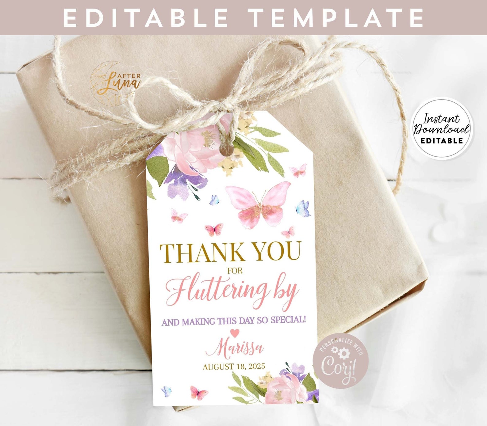 Editable Butterfly Favor Tags Pink Purple Butterfly Birthday Thank You ...
