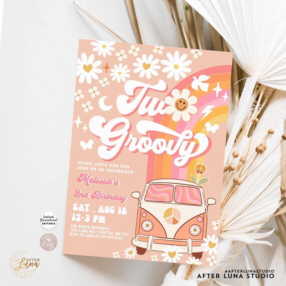 Editable TWO Groovy Girl Pink Peach Van Daisy Rainbow Groovy | Etsy