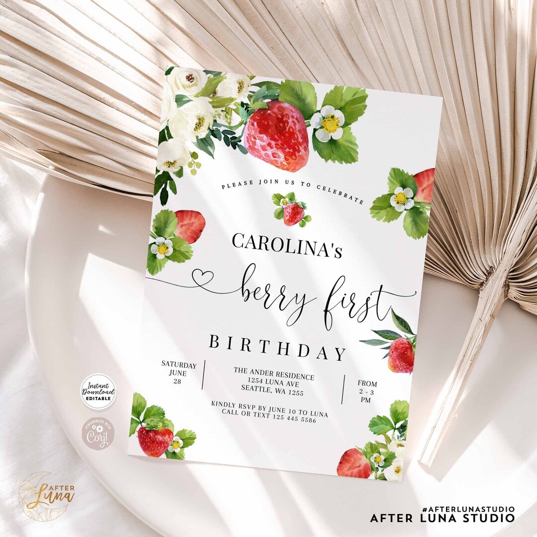 Editable 1st BERRY FIRST Strawberry Birthday Invitation Berry 1st First ...